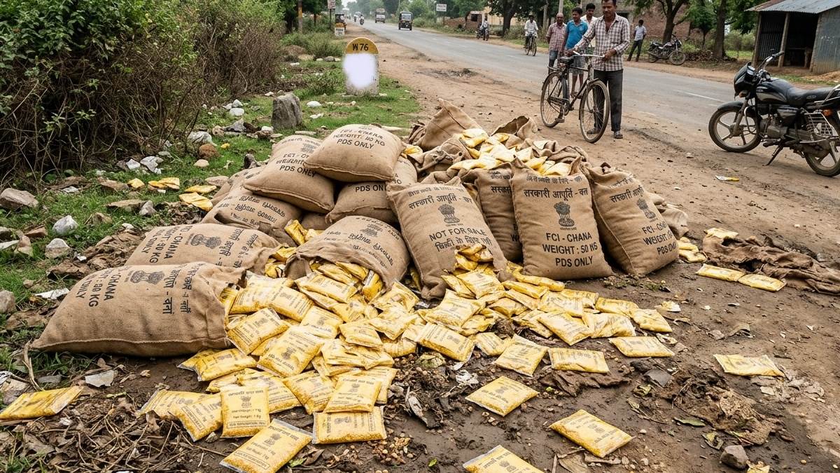 सड़क किनारे बड़ी मात्रा में फेंके गए सरकारी चने, 15 बोरी में थे एक-एक ...