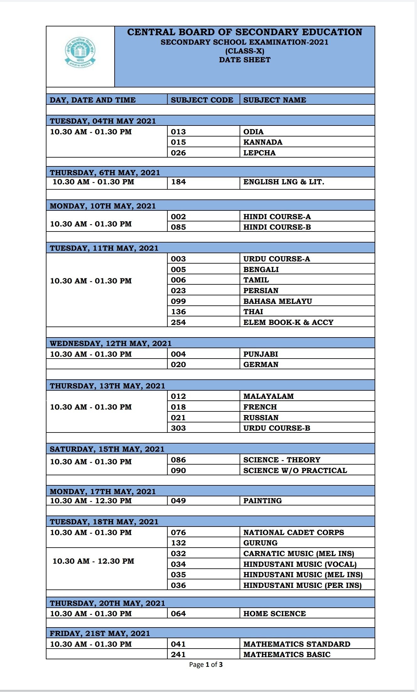 CBSE Board Exam Date Sheet 2021 10 12 